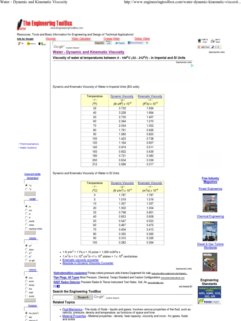 Water - Dynamic and Kinematic Viscosity | PDF | Viscosity | Materials ...