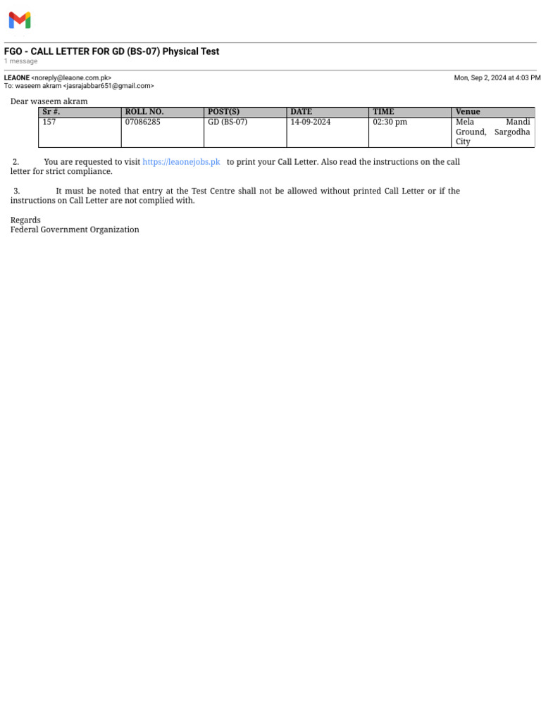 Gmail - Fgo - Call Letter For GD (Bs-07) Physical Test | PDF