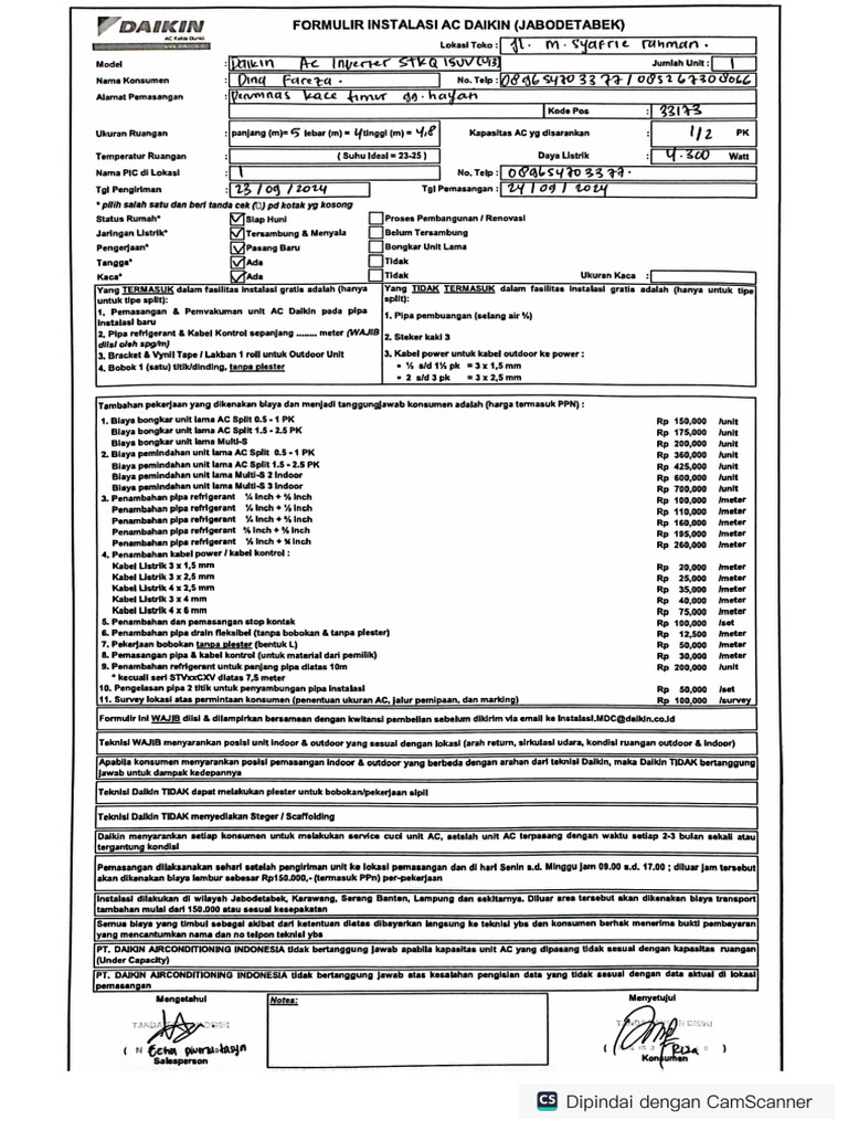 Form Instalasi Daikin | PDF