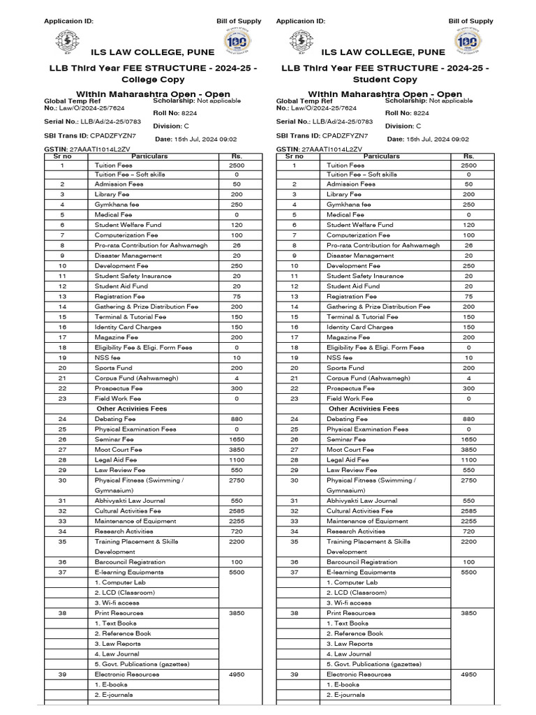 3 LLB Fees Receipt | PDF