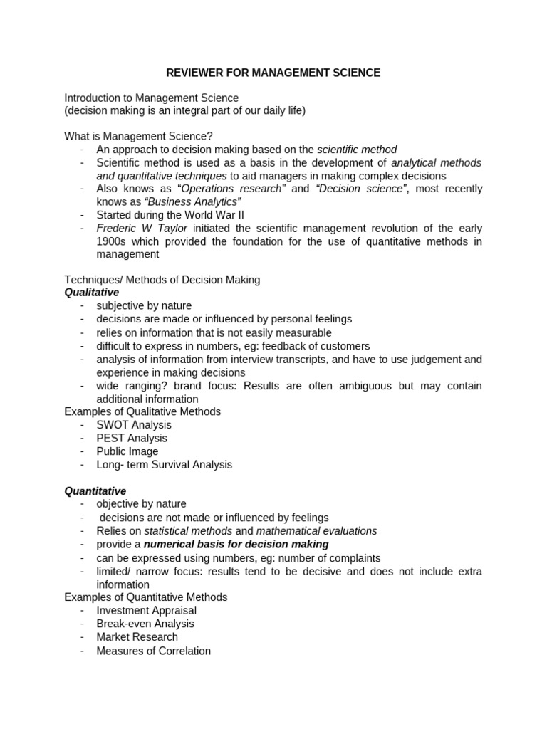 REVIEWER FOR MANAGEMENT SCIENCE | PDF