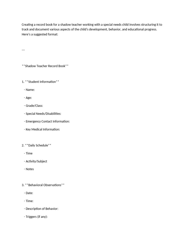 Shadow Teacher Record Book Template | PDF