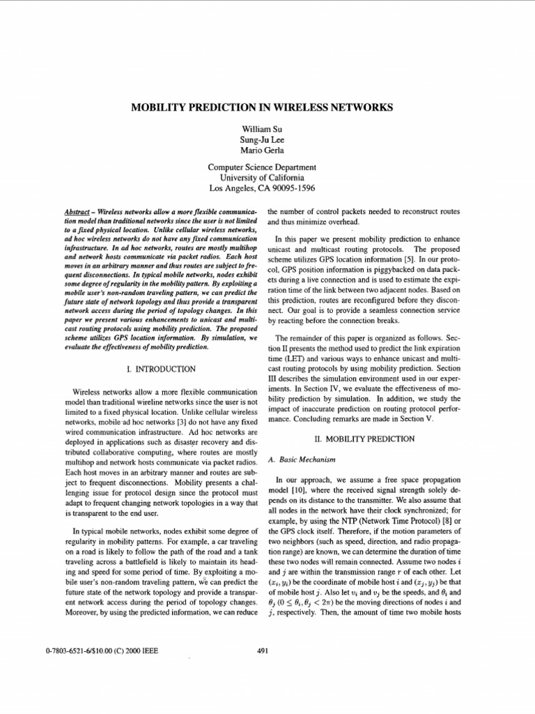 Mobility Prediction in Wireless Networks | PDF