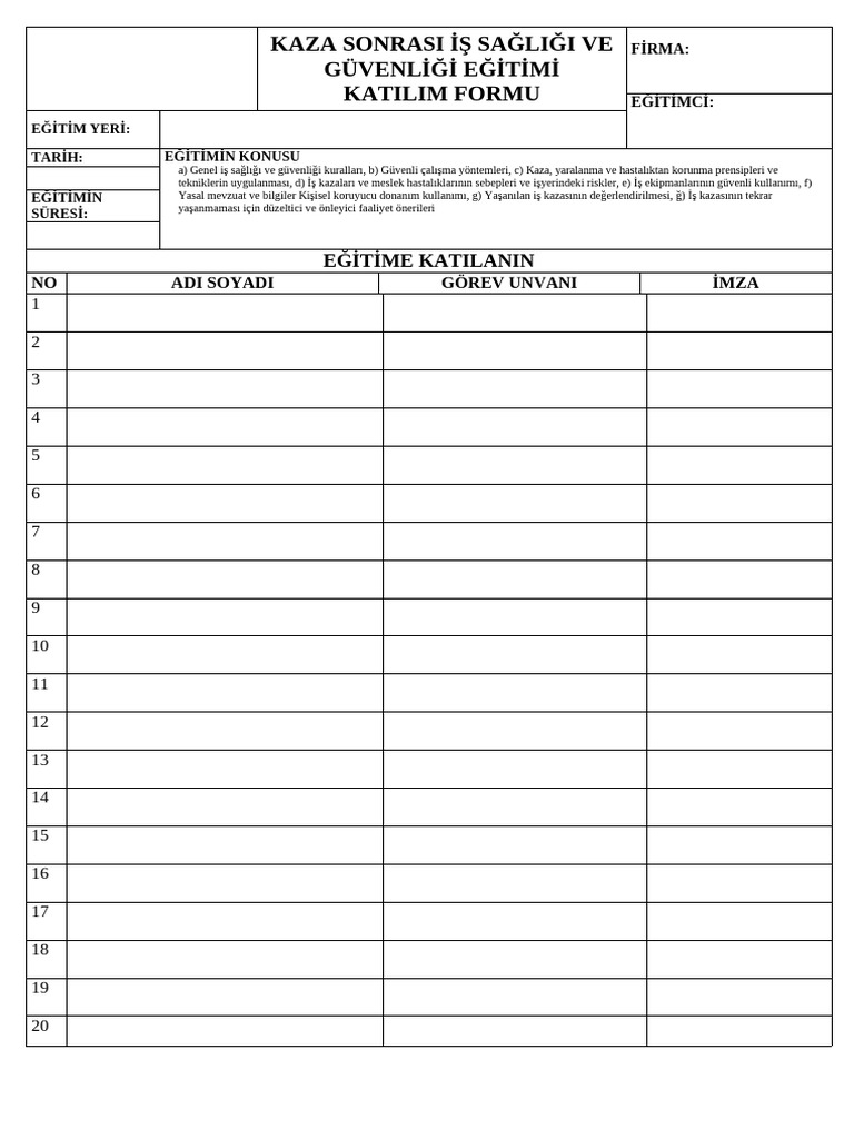 Kaza Sonrasi Isg Egitim Katilim Formu | PDF