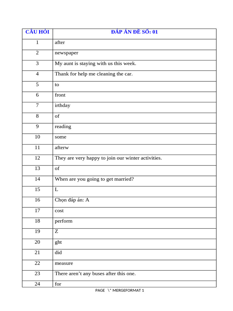 ĐÁP ÁN 50 ĐỀ IOE K7 2022-2023 TYPE 1 | PDF