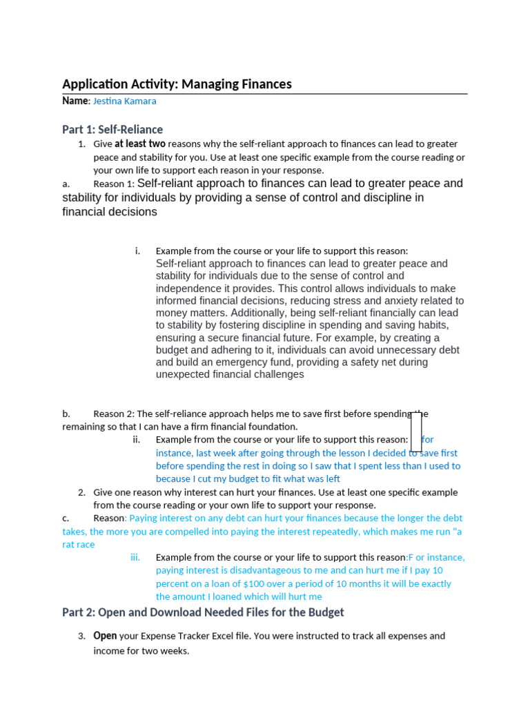 pc101 - w05 - Applicationactivity - Managingfinances Jestina Kamara | PDF
