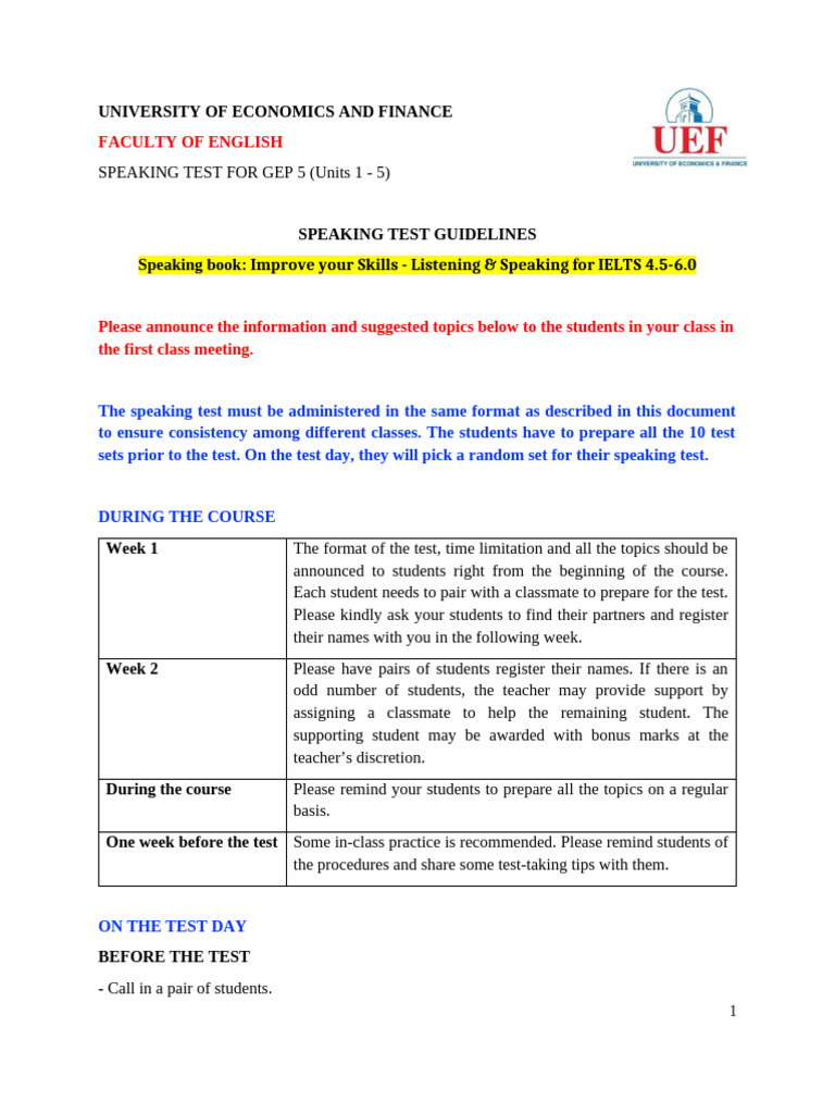 GEP 5 Speaking Test - Guidelines (Improve IELTS Speaking) | PDF