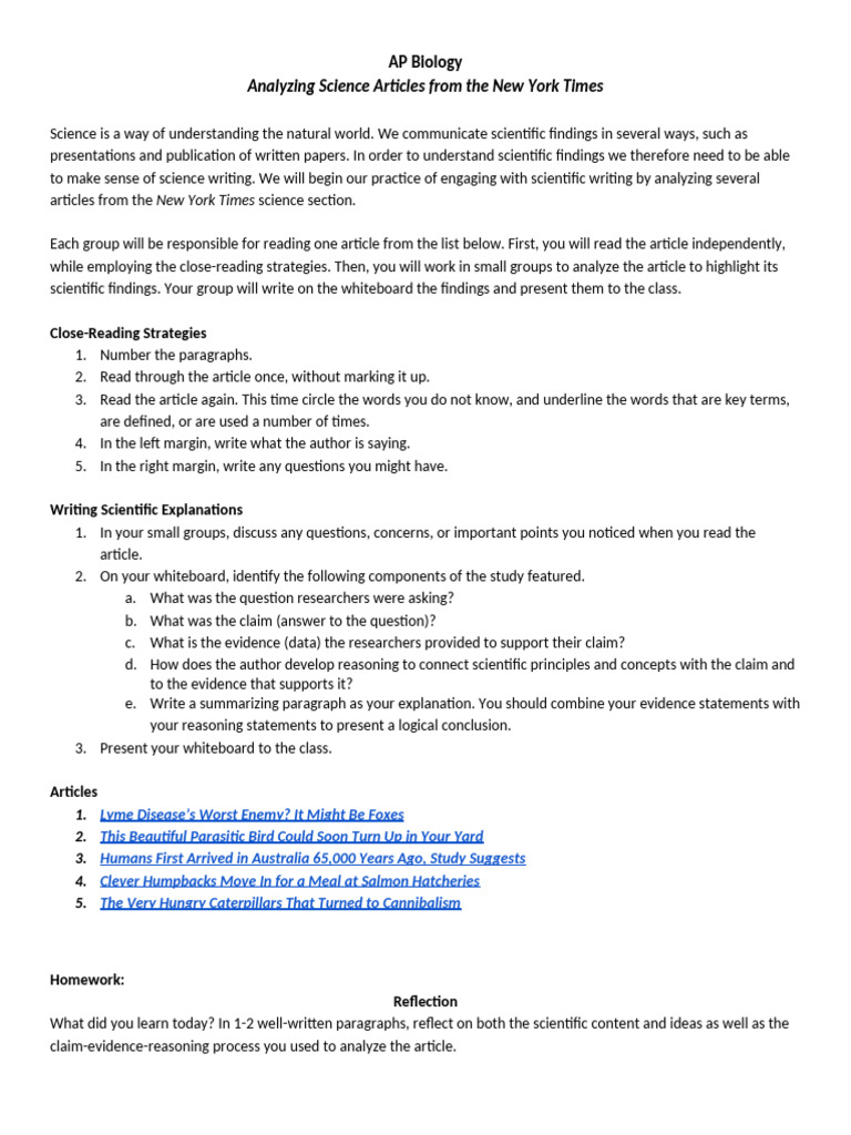 AP Bio NYT Article Analysis Activity | PDF
