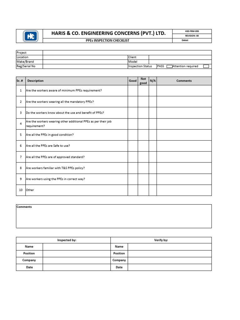 Hse FRM 093 Ppes Inspection Checklist 1 | PDF Hse FRM 093 Ppes Inspection Checklist 1 | PDF