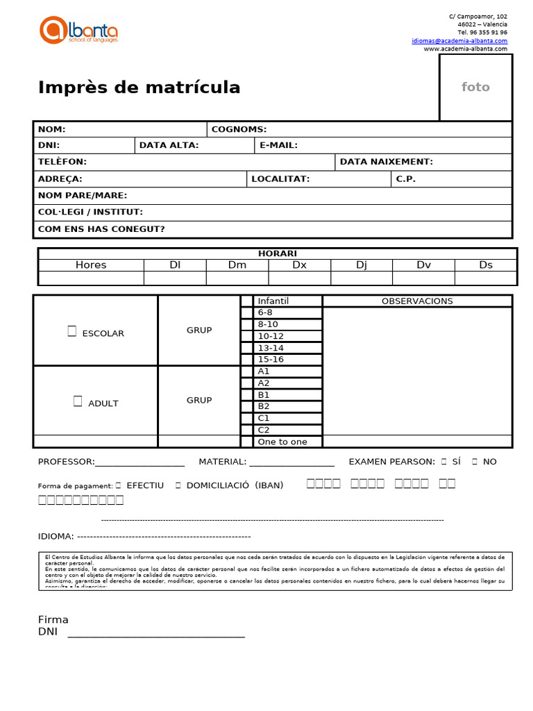 FULLA - Matrícula - School of English + Normes+PROTECCIÓ DADES | PDF