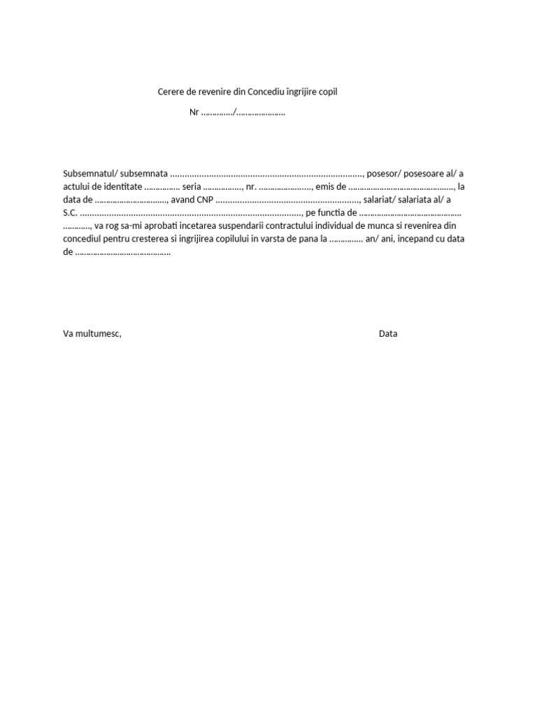 Cerere de Revenire Din Concediu Îngrijire Copil 2023 | PDF