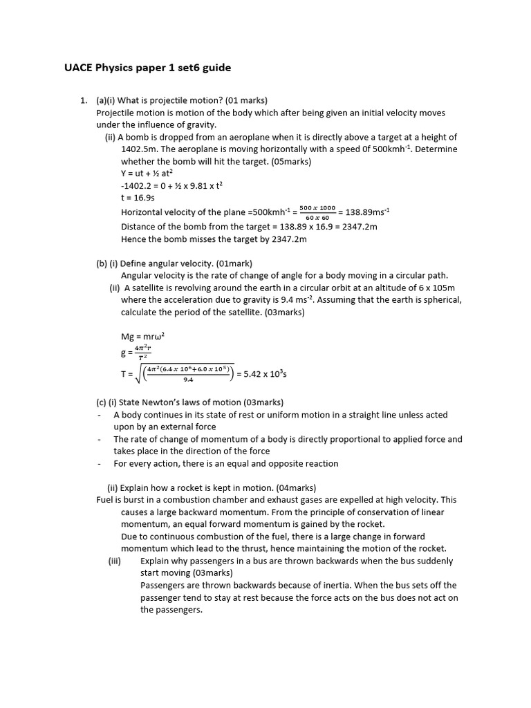 UACE Physics Paper 1 Set6 Guide | PDF