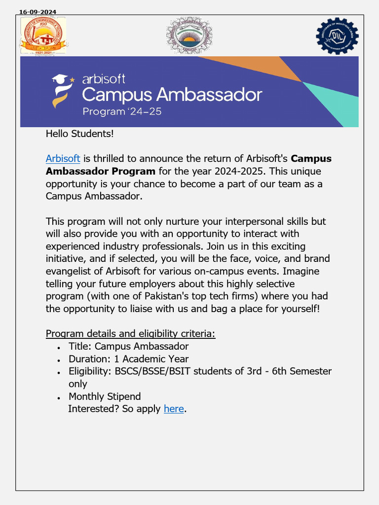 Arbisoft's Campus Ambassador Program 2024-2025 | PDF