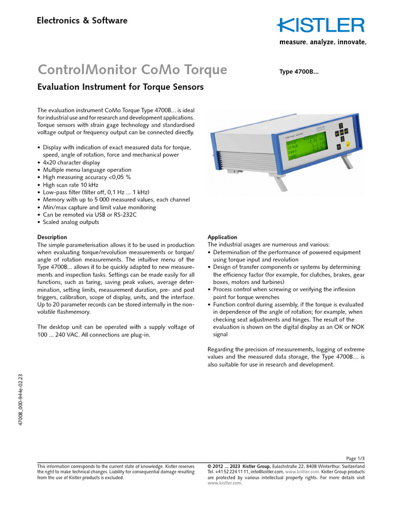 ControlMonitor CoMo Torque - Evaluation Instrument For Torque Sensors | PDF