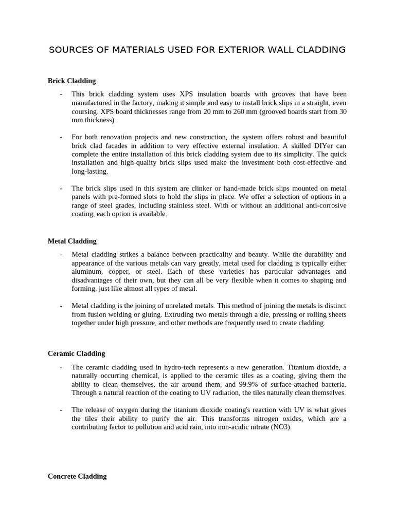 Sources of Materials Used For Exterior Wall Cladding | PDF