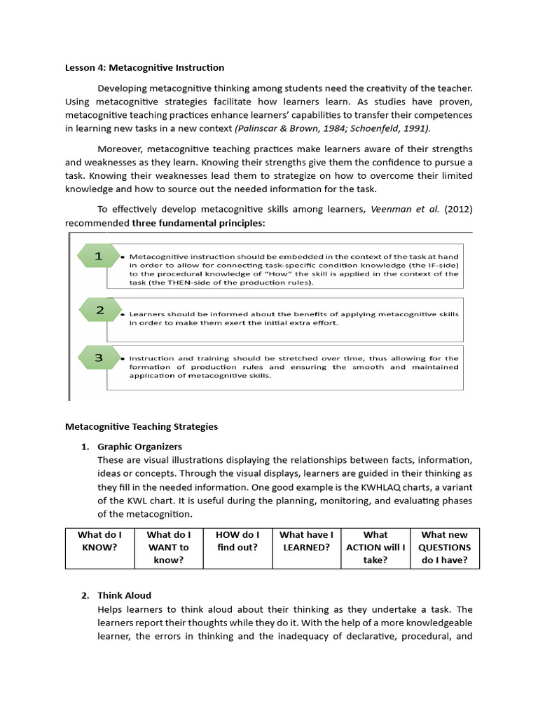 Lesson 4 Metacognitive Instruction | PDF