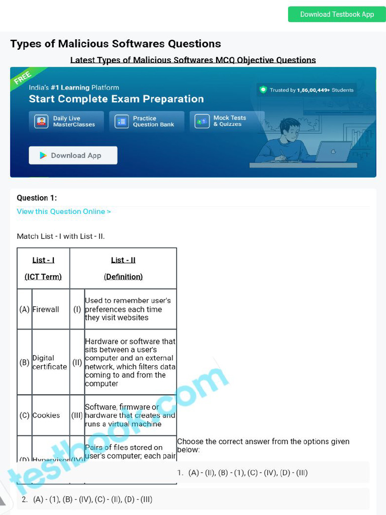 MCQ On Types of Malicious Softwares 5eea6a1039140f30f369e884 | PDF