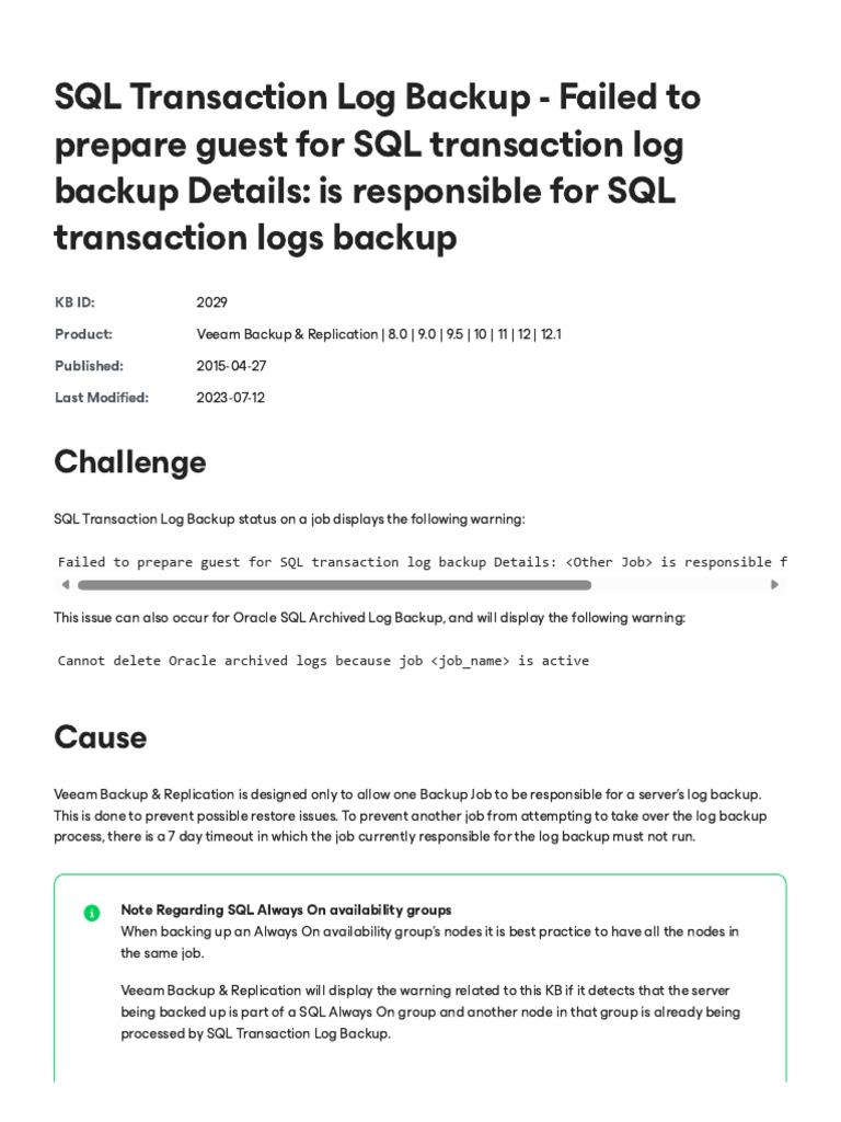 KB2029 - SQL Transaction Log Backup - Failed To Prepare Guest For SQL ...