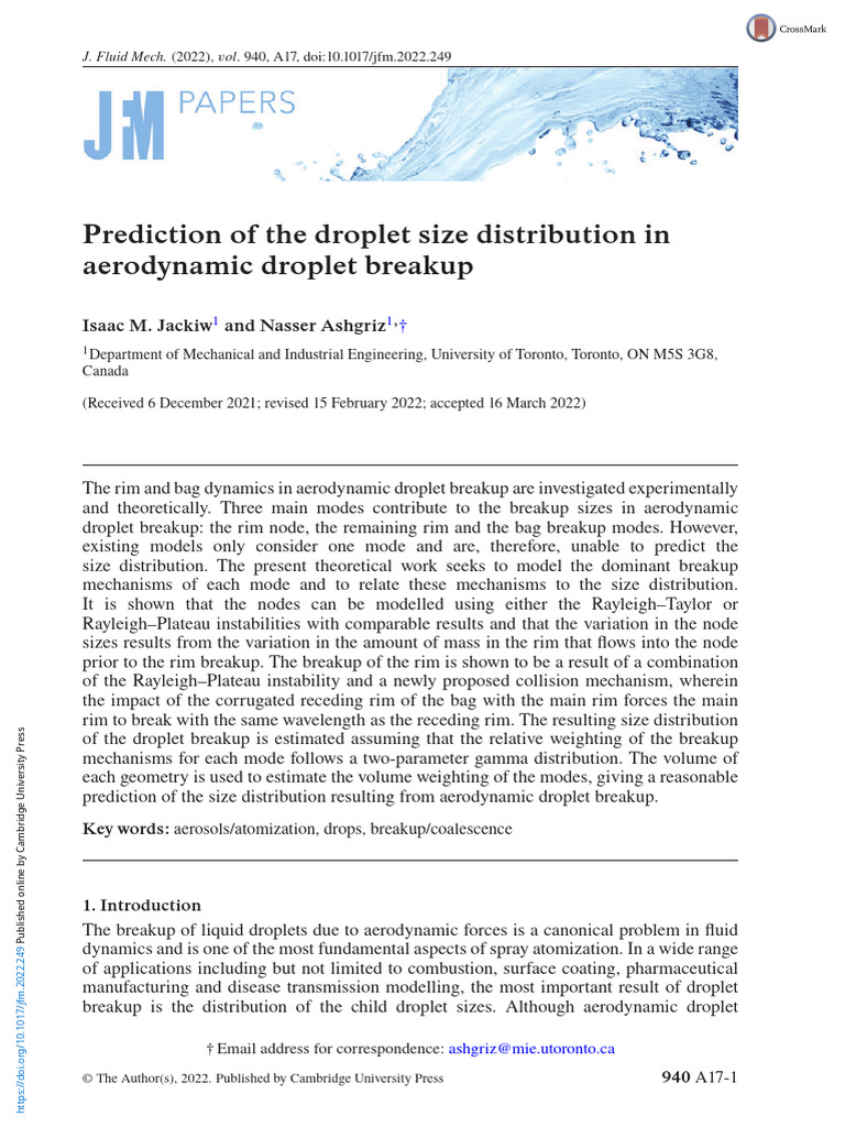 Prediction of The Droplet Size Distribution in Aerodynamic Droplet Breakup | PDF