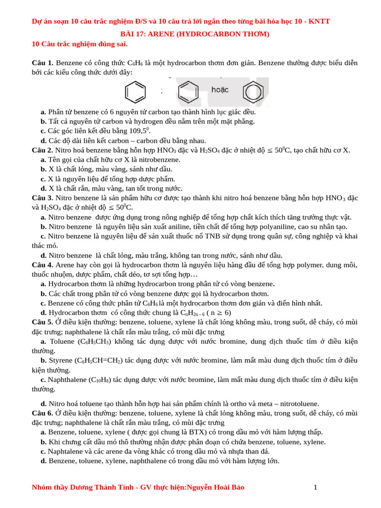 Bai 17 Arene (Hydrocarbon Thơm) - KNTT. Nguyen Hoai Bao - OK | PDF