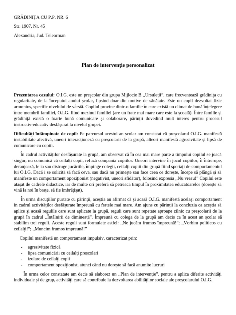 Plan de Interventie Personalizat 2 | PDF
