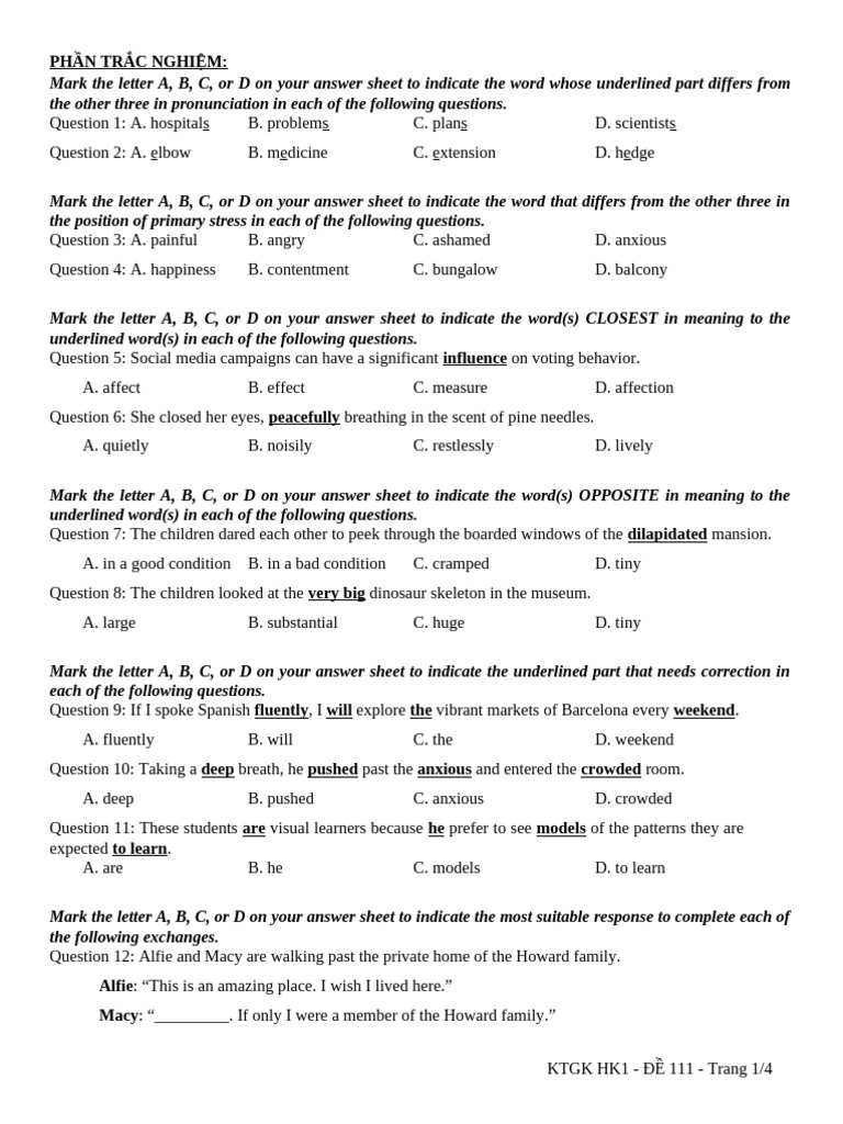 Tieng Anh 11 - KTCK 1 | PDF