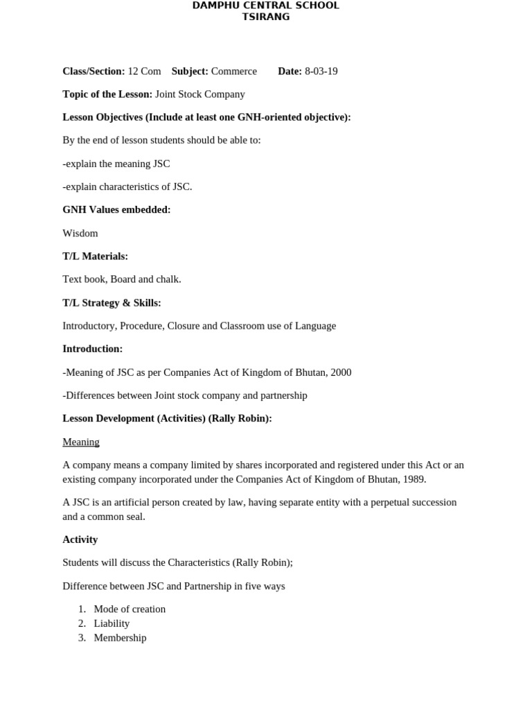 Lesson Plan 5 Commerce Pdf