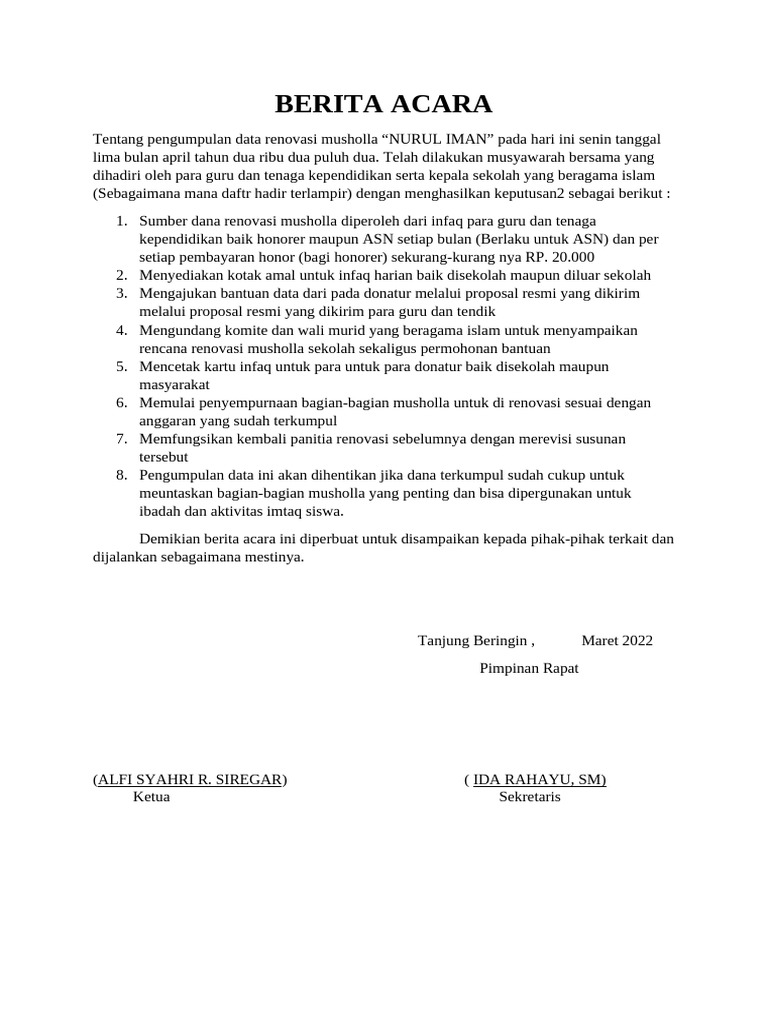 Berita Acara Proposal Musholla Sekolah | PDF
