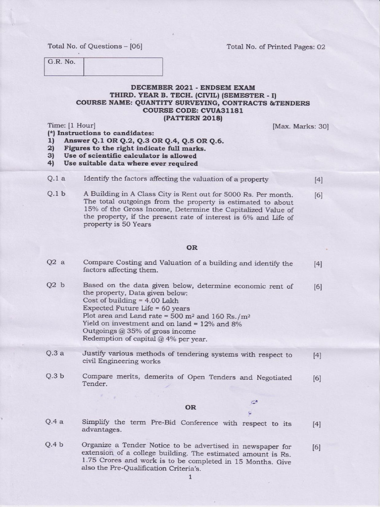 Quantity Surveying Contracts & Tenders Sem I Pattern 2018 EndSem ...