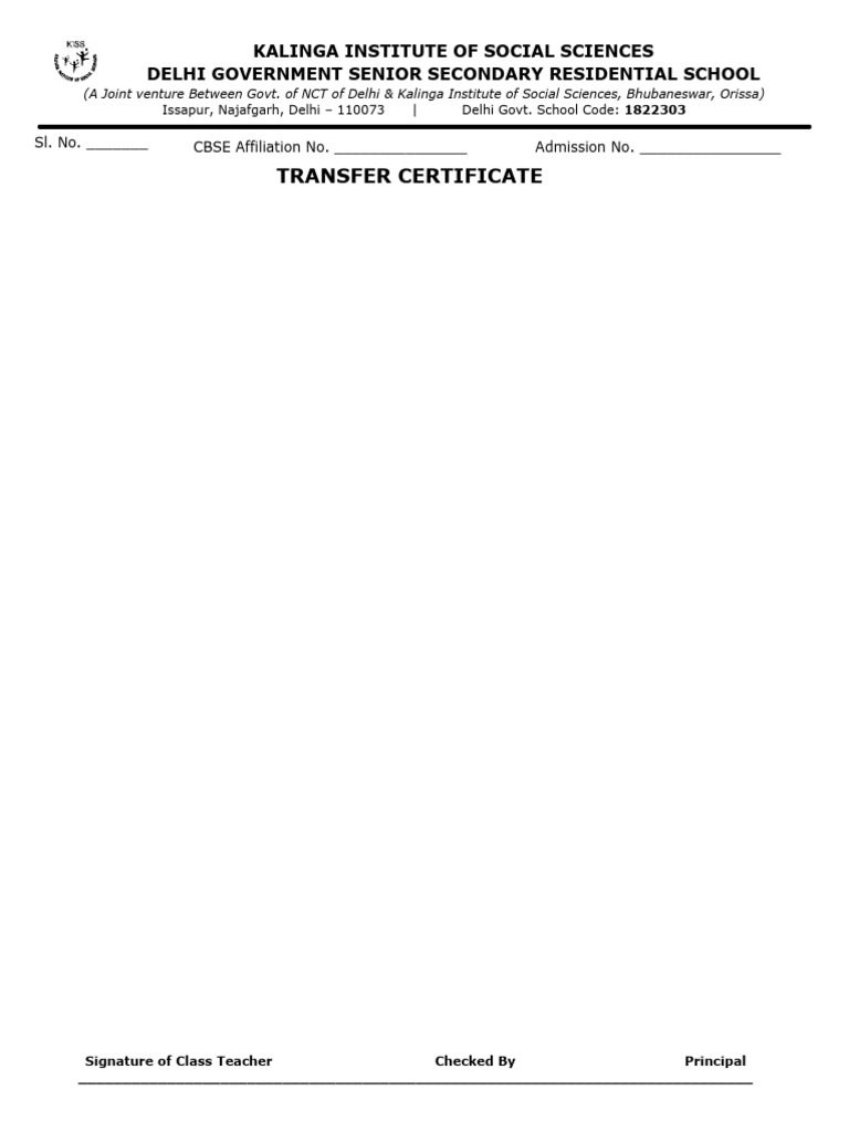 KISS-Delhi-Transfer-Certificate-Format | PDF