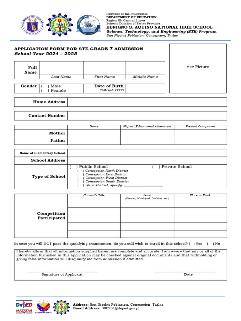 BSANHS STE Application Form (Long Bond Paper) | PDF | Philippines