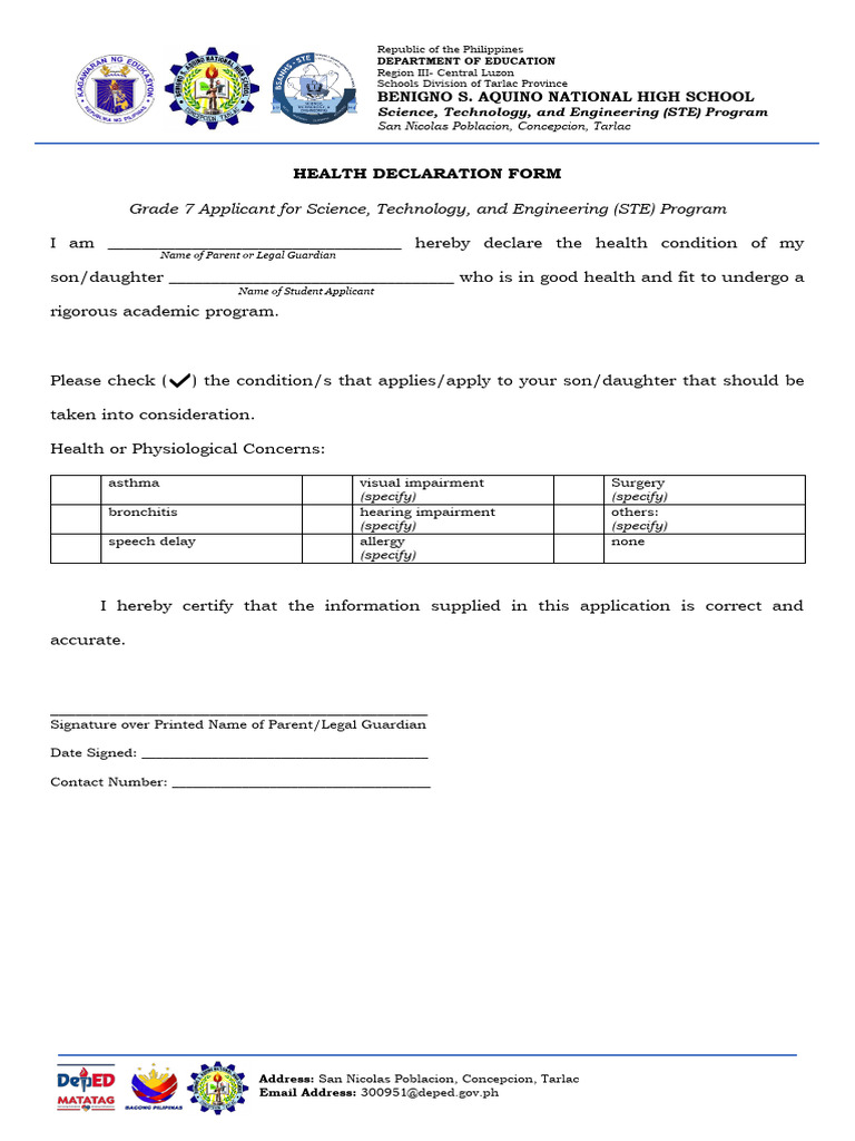 BSANHS STE Health Declaration Form (Long Bond Paper) | PDF