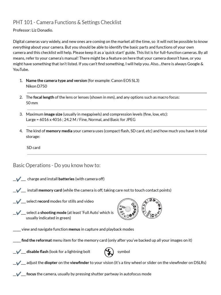 Camera Functions Checklist | PDF