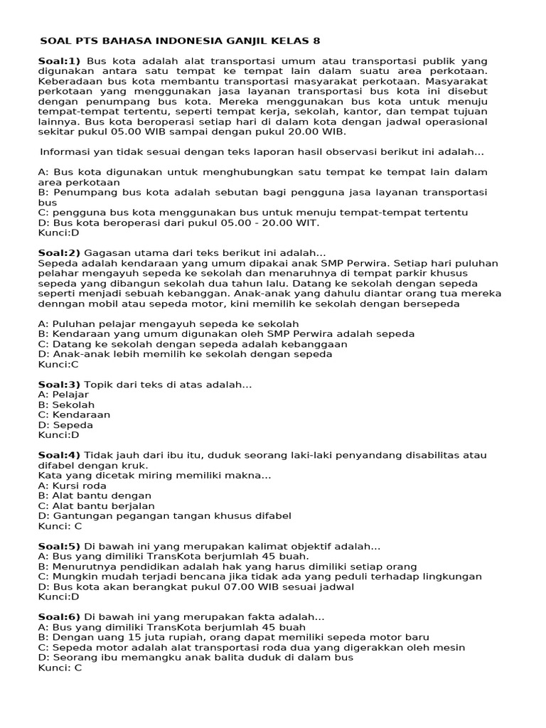 Soal PTS Bahasa Indonesia Ganjil Kelas 8 Kumer | PDF