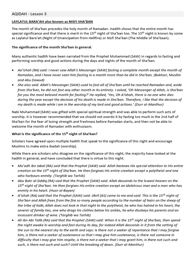 Aqeeda Lesson 3-Laylatul Bara'ah (Sha'baan) | PDF