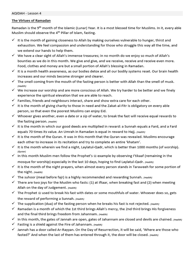 Aqeeda Lesson 4-Virtues of Ramadan | PDF