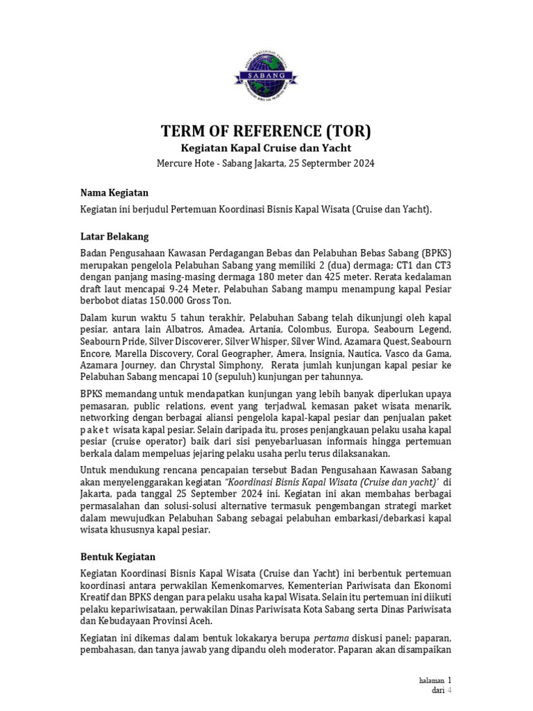 TOR Kegiatan Wisata Kapal Cruise - Yacht (25092024) Rev.2 | PDF