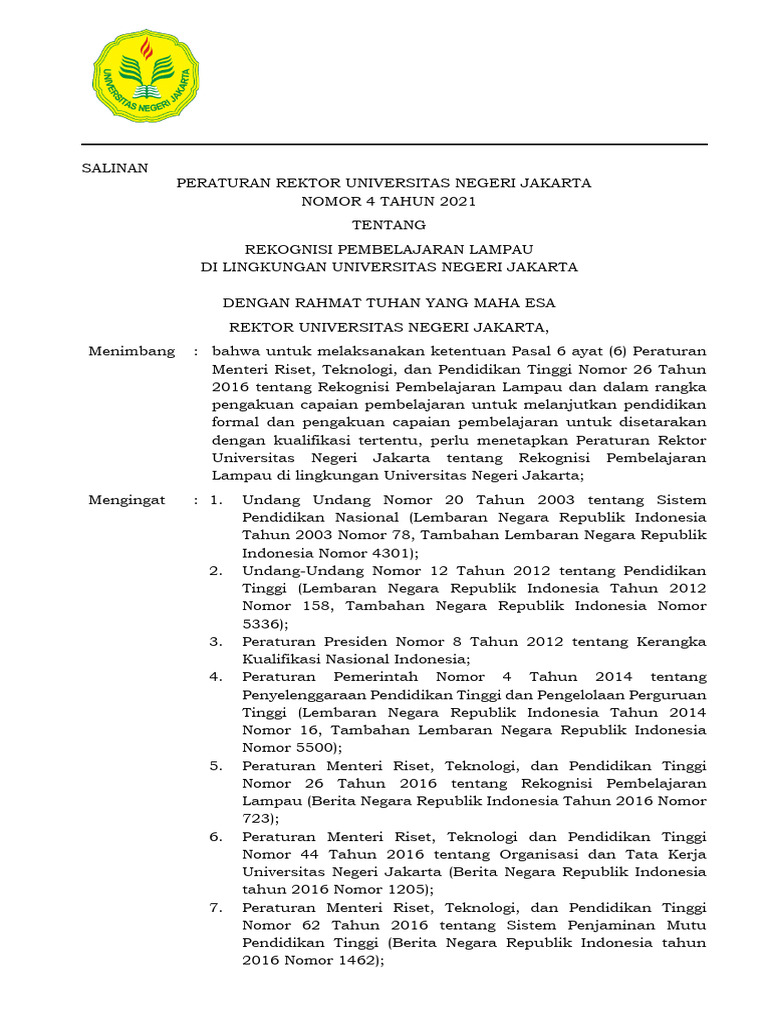 Salinan Peraturan Rektor Nomor 4 Tahun 2021 Tentang Rekognisi ...
