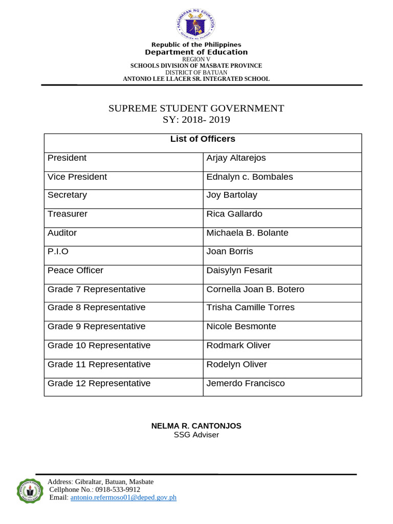 SUPREME STUDENT GOVERNMENT List of Officers | PDF