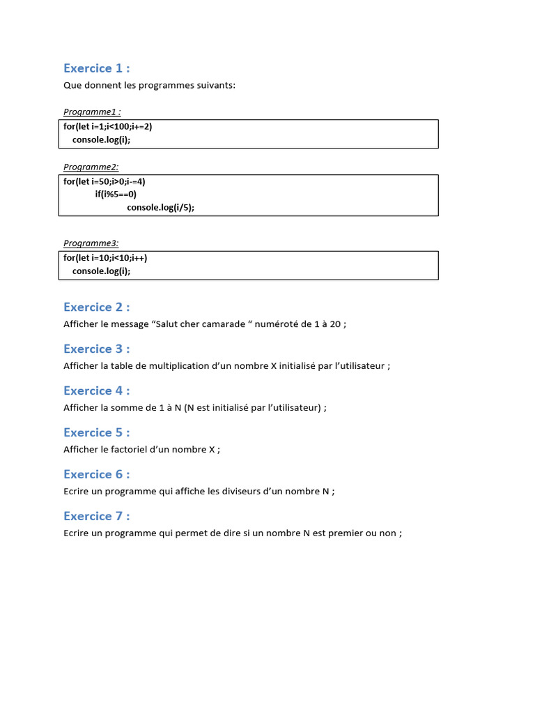 La Boucle For en JavaScript Exercices | PDF