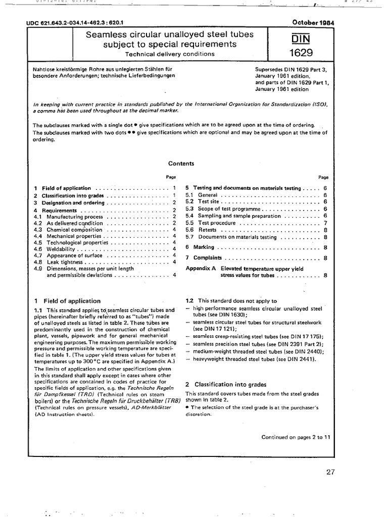 DIN1629 1984 Seamless Circular Unalloyed Steel Tubes Subject To Special Requirements | PDF