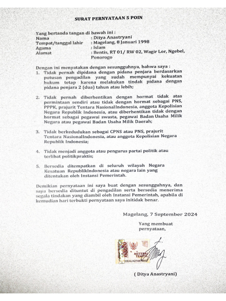 Pernyataan 5 Poin Materai Tempel | PDF
