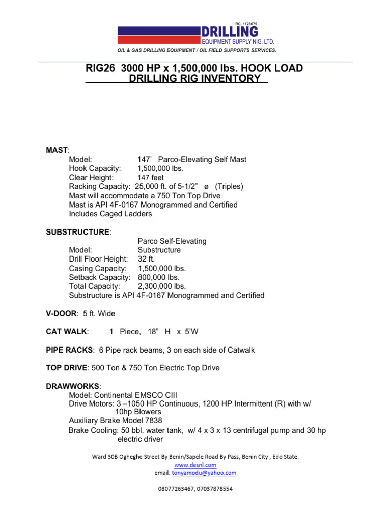 Rig 26 Spec Sheet | PDF