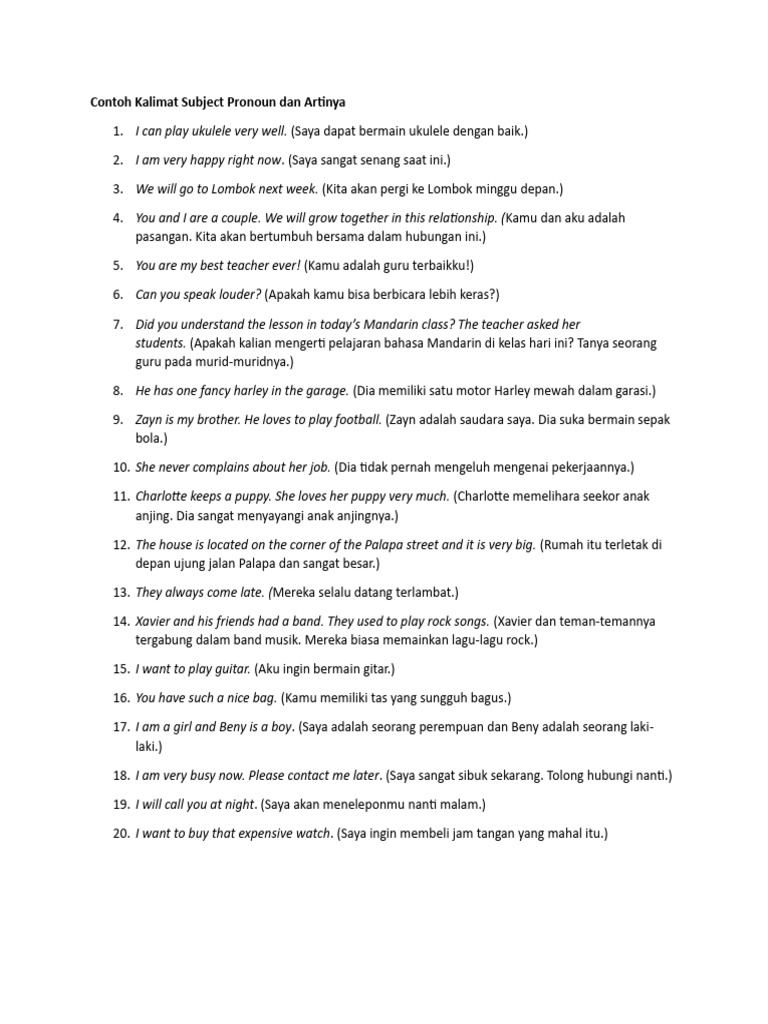 Contoh Kalimat Subject Pronoun Dan Artinya | PDF