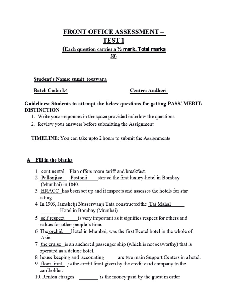 Front Office Assessment Test 2 | PDF
