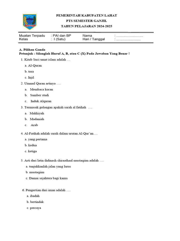 Soal PTS PAI Kelas 1 Ganjil | PDF