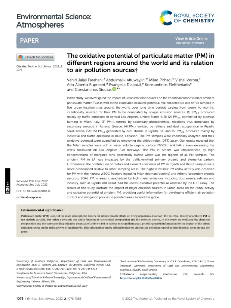 The Oxidative Potential of Particulate Matter (PM) in Different Regions ...