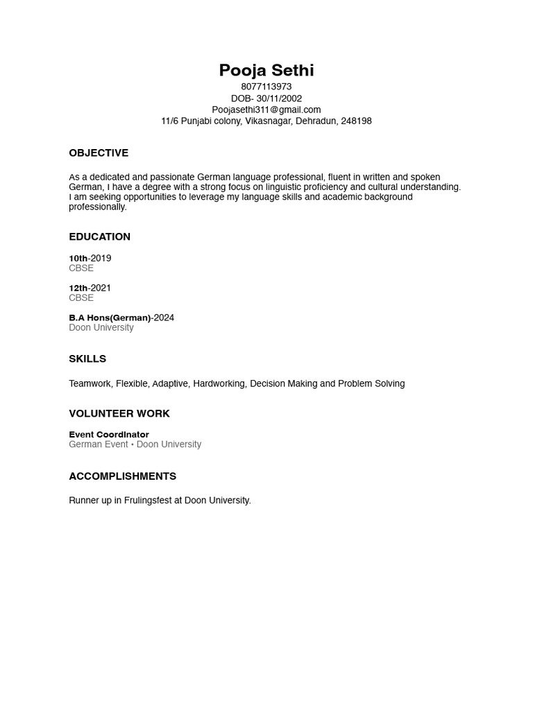 Pooja Sethi CV | PDF