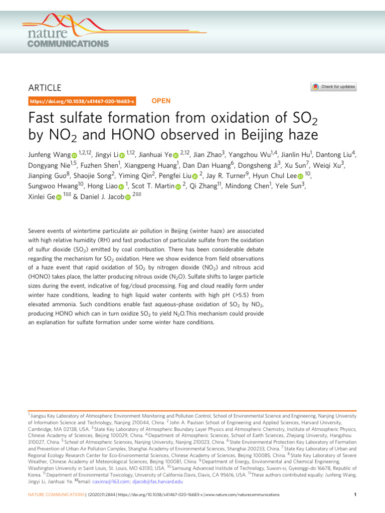 Fast Sulfate Formation From Oxidation of SO2 by NO2 and HONO Observed ...