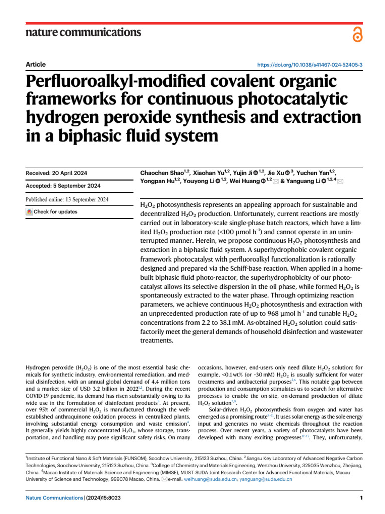 Per Uoroalkyl-Modi Ed Covalent Organic Frameworks For Continuous ...